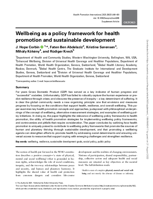 (PDF) Wellbeing as a policy framework for health promotion and ...
