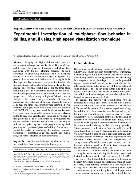 (PDF) Experimental investigation of multiphase flow behavior in drilling annuli using high speed ...