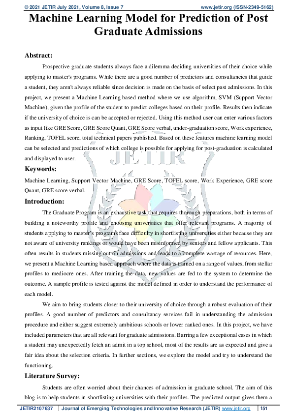 (PDF) Machine Learning Model for Prediction of Post Graduate Admissions