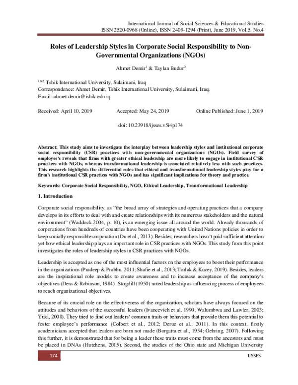 (PDF) Roles of Leadership Styles in Corporate Social Responsibility to Non- Governmental ...