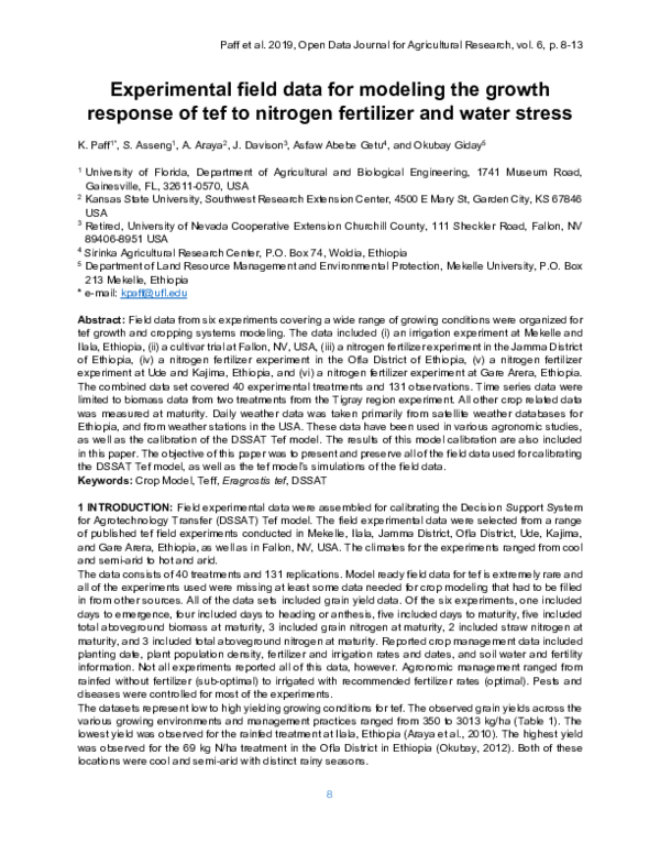 (PDF) Experimental field data for modeling the growth response of tef to nitrogen fertilizer and ...