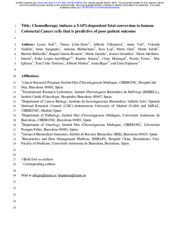 (PDF) Chemotherapy induces a YAP1-dependent fetal conversion to human ...