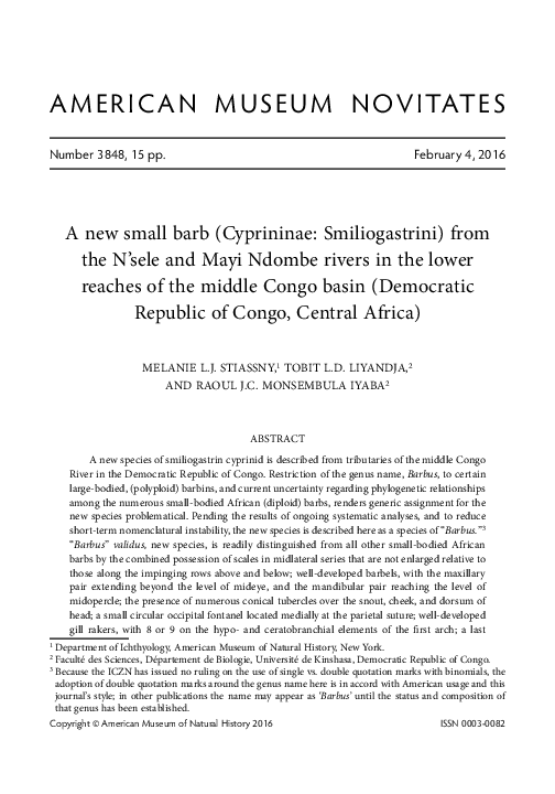 (PDF) A New Small Barb (Cyprininae: Smiliogastrini) from the N'sele and ...