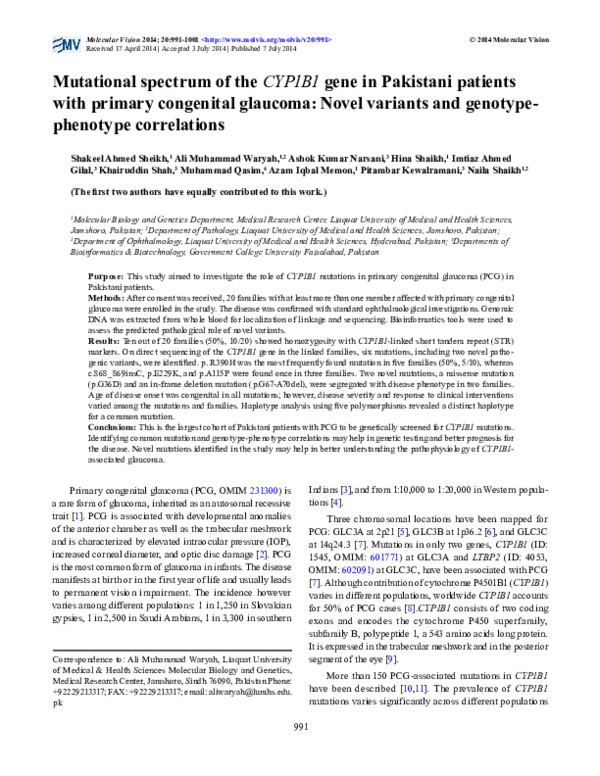 Mutational spectrum of the CYP1B1 gene in Pakistani patients with ...