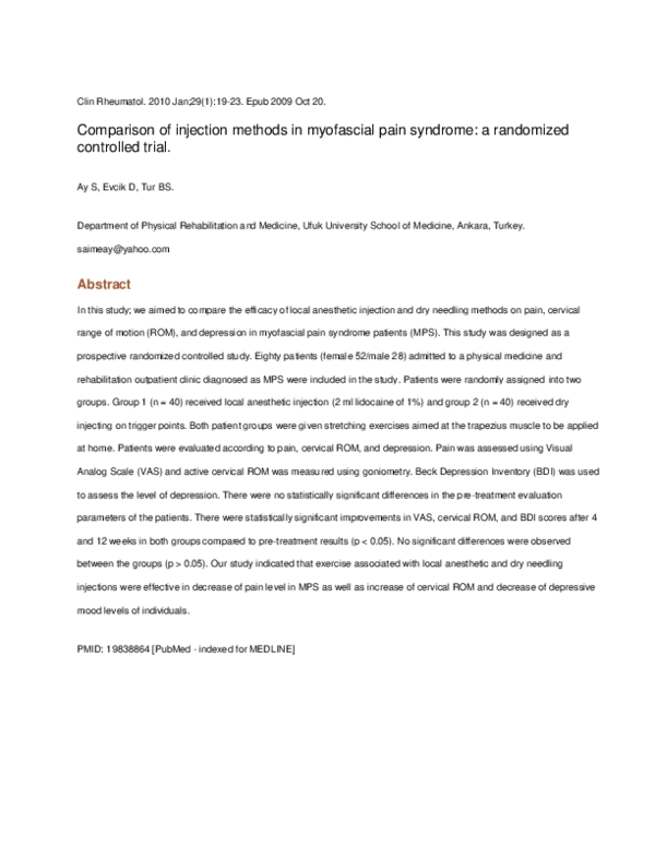 (PDF) Comparison of injection methods in myofascial pain syndrome: a ...