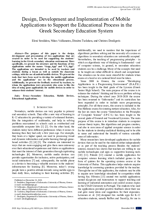 (PDF) Design, Development and Implementation of Mobile Applications to Support the Educational ...