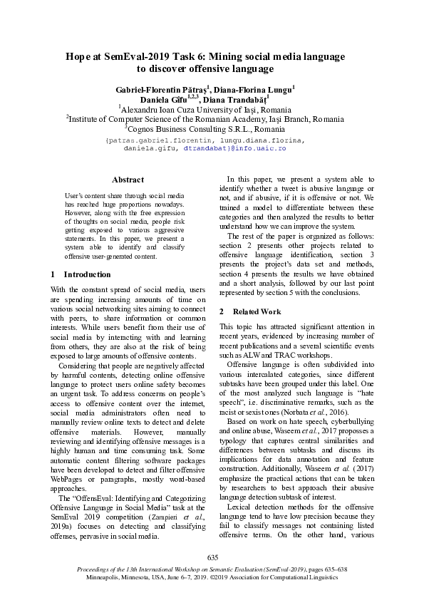 (PDF) Hope at SemEval-2019 Task 6: Mining social media language to discover offensive language