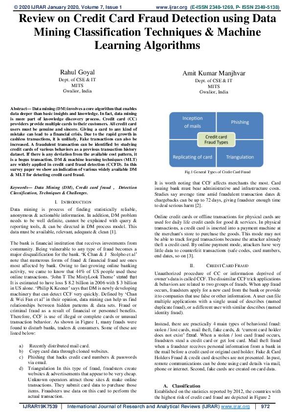 Pdf Review On Credit Card Fraud Detection Using Data Mining Classification Techniques