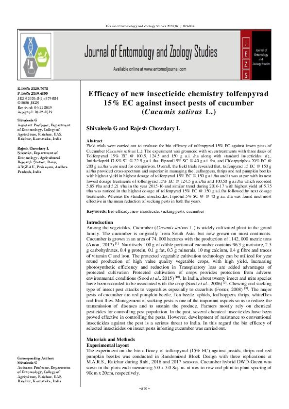 (PDF) Efficacy of new insecticide chemistry tolfenpyrad 15% EC against insect pests of cucumber ...