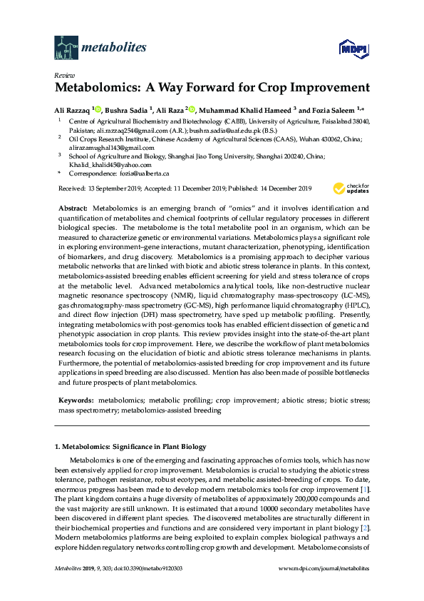 (PDF) Metabolomics: A Way Forward for Crop Improvement