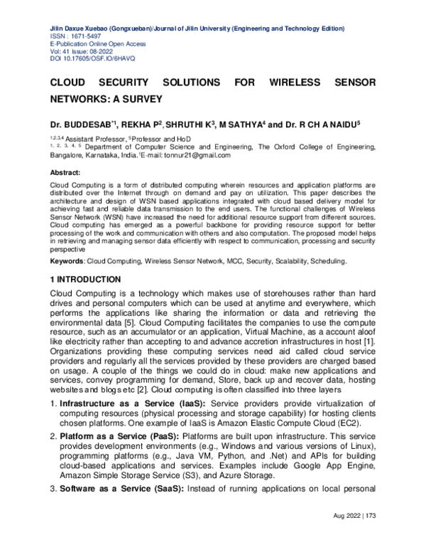 (PDF) CLOUD SECURITY SOLUTIONS FOR WIRELESS SENSOR NETWORKS: A SURVEY