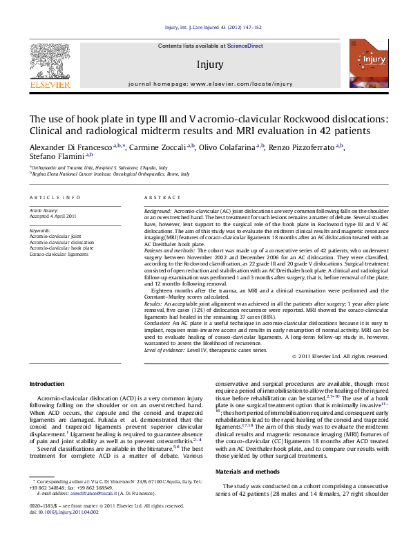 (PDF) The use of hook plate in type III and V acromio-clavicular ...