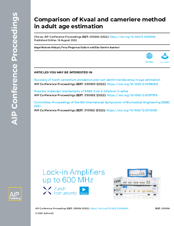 (PDF) Comparison of Kvaal and cameriere method in adult age estimation