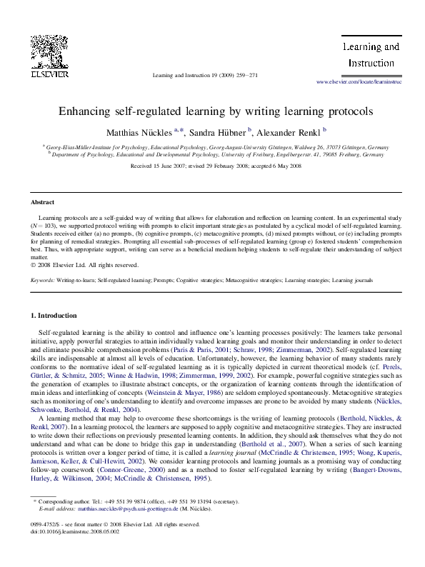 (PDF) Enhancing self-regulated learning by writing learning protocols