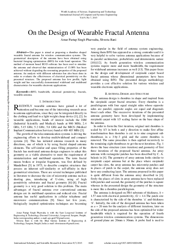 (PDF) On The Design Of Wearable Fractal Antenna | Amar Partap Pharwaha - Academia.edu