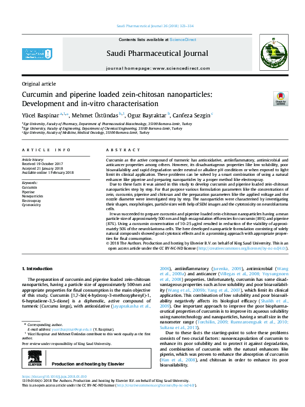 (PDF) Curcumin and piperine loaded zein-chitosan nanoparticles: Development and in-vitro ...