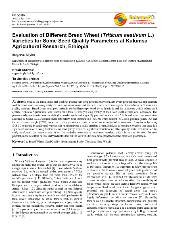 (PDF) Evaluation of Different Bread Wheat (Triticum aestivum L.) Varieties for Some Seed Quality ...