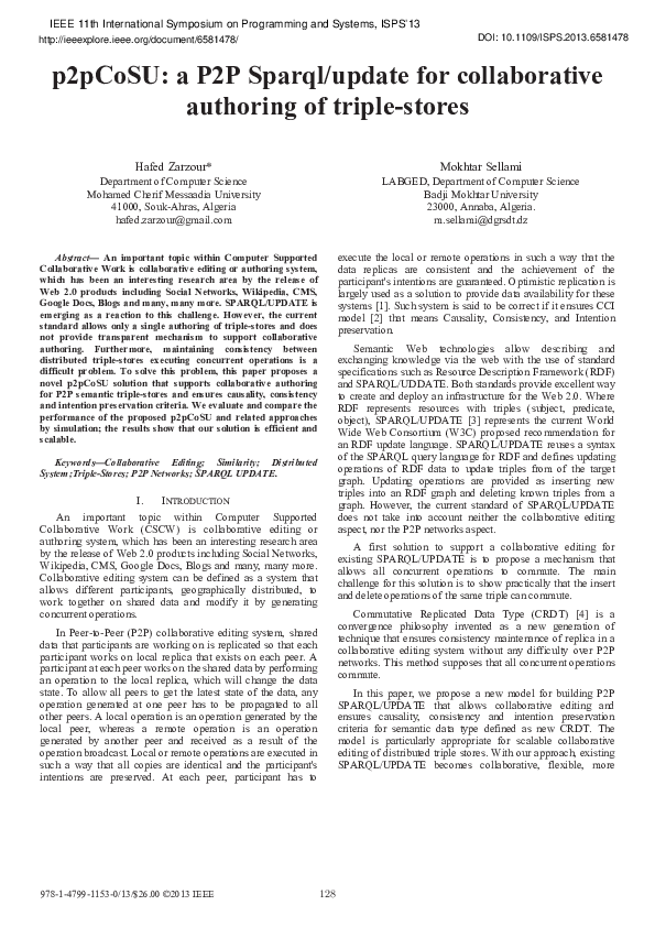 (PDF) p2pCoSU: A P2P Sparql/update for collaborative authoring of triple-stores