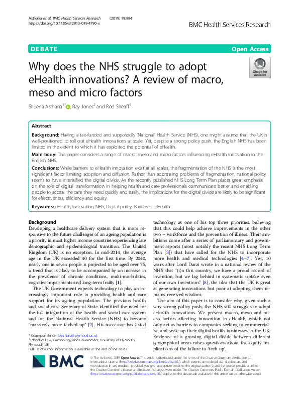 (PDF) Why does the NHS struggle to adopt eHealth innovations? A review ...