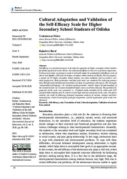 (PDF) Cultural Adaptation and Validation of the Self-Efficacy Scale for Higher Secondary School ...