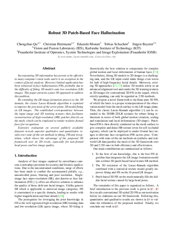 (PDF) Robust 3D Patch-Based Face Hallucination | Eduardo Monari - Academia.edu