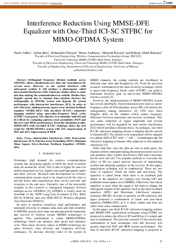 Interference Reduction Using Mmse Dfe Equalizer With One Third Ici Sc Stfbc For Mimo Ofdma System