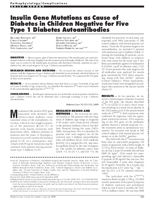 (PDF) Insulin Gene Mutations as Cause of Diabetes in Children Negative ...