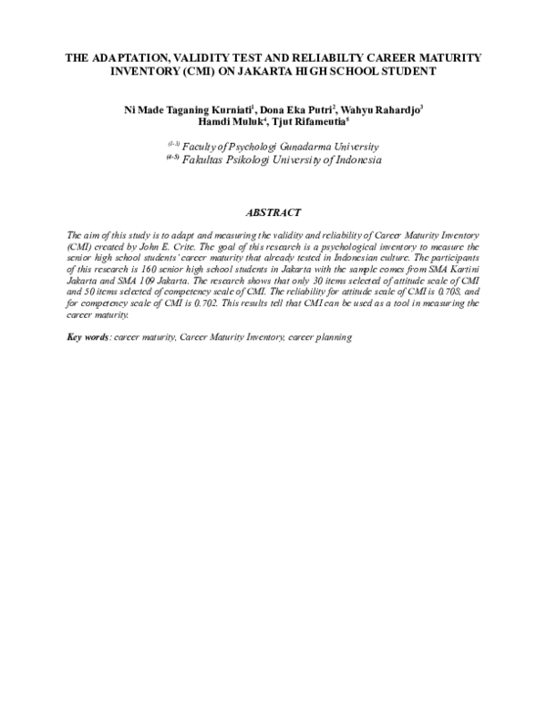 (PDF) The Adaptation, Validity Test and Reliabilty Career Maturity ...