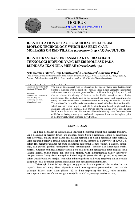 Pdf Identification Of Lactic Acid Bacteria From Bioflok Technology
