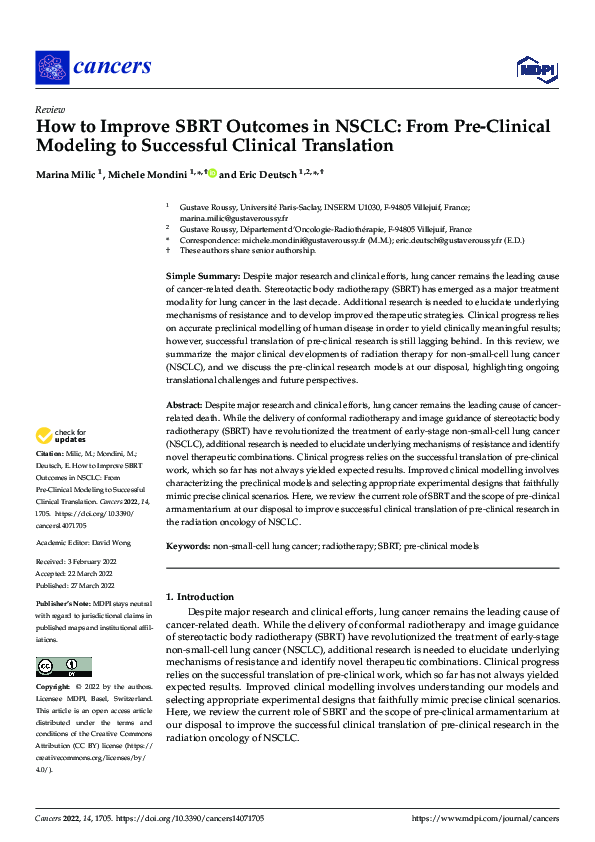 (PDF) How to Improve SBRT Outcomes in NSCLC: From Pre-Clinical Modeling ...