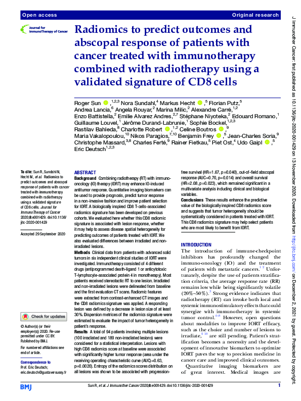 (PDF) Radiomics to predict outcomes and abscopal response of patients with cancer treated with ...