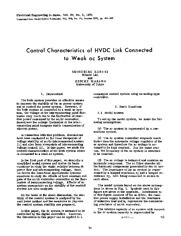 Pdf Hvdc Control In Weak Ac System Connections