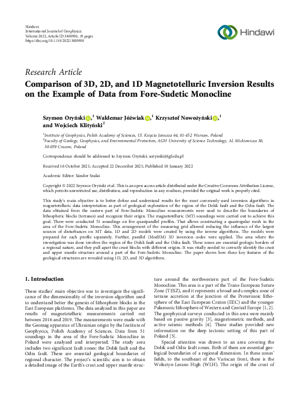 (PDF) Comparison of 3D, 2D, and 1D Magnetotelluric Inversion Results on the Example of Data from ...