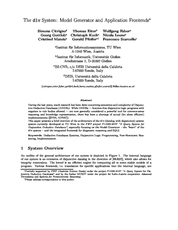 (PDF) The dlv system: Model generator and application frontends