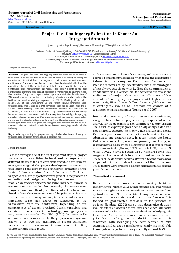 (PDF) Project Cost Contingency Estimation in Ghana: An Integrated Approach