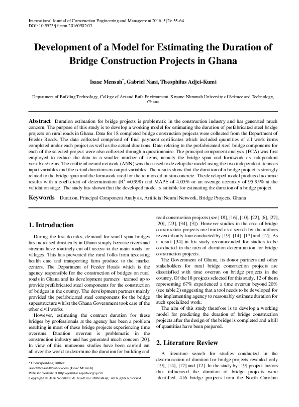 Pdf Duration Estimation Model For Bridge Construction Projects In Ghana