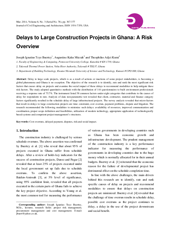 (PDF) Delays to Large Construction Projects in Ghana: A Risk Overview