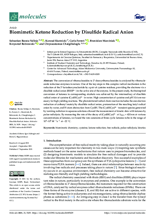(PDF) Biomimetic Ketone Reduction by Disulfide Radical Anion
