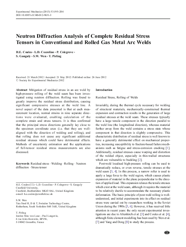 (PDF) Neutron Diffraction Analysis of Complete Residual Stress Tensors in Conventional and ...