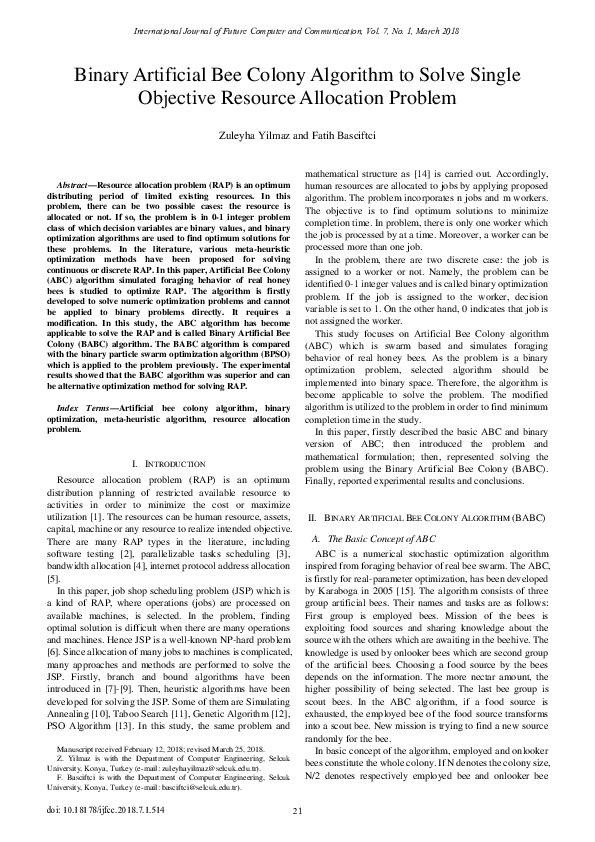 Pdf Binary Artificial Bee Colony Algorithm To Solve Single Objective