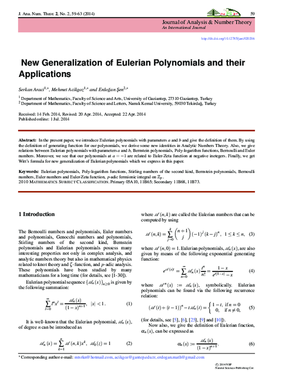 (PDF) New Generalization of Eulerian Polynomials and their Applications