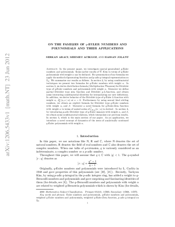 (PDF) On the families of q-Euler polynomials and their applications