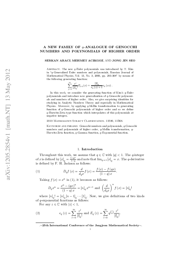(PDF) A New Family of q-analogue of Genocchi Numbers and Polynomials of Higher Order