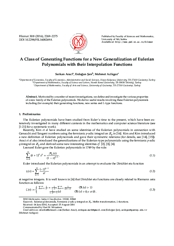 (PDF) A class of generating functions for a new generalization of Eulerian polynomials with ...