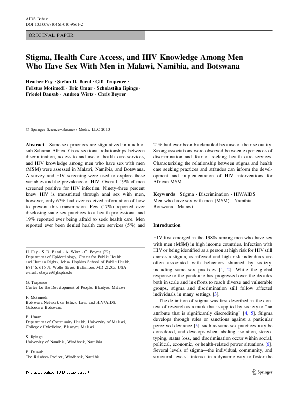 (PDF) Stigma, Health Care Access, and HIV Knowledge Among Men Who Have ...