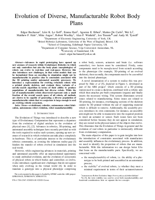 (PDF) Evolution of Diverse, Manufacturable Robot Body Plans
