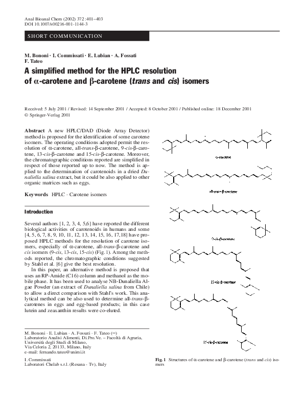 (PDF) A simplified method for the HPLC resolution of α-carotene and β ...