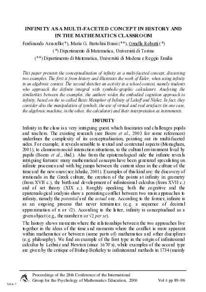 (PDF) Infinity as a multi-faceted concept in history and in the ...