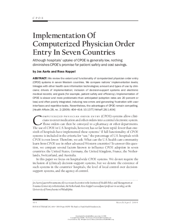 (PDF) Implementation Of Computerized Physician Order Entry In Seven ...