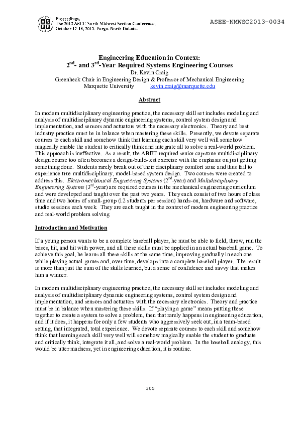 (PDF) Engineering Education in Context: 2nd- and 3rd-Year Required Systems Engineering Courses